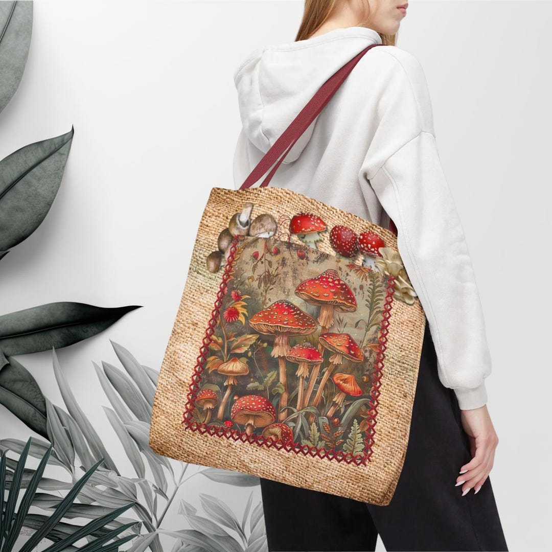 Vintage Red Toadstool Mushroom Tote Bag | Botanical Fungi Art - Etsy