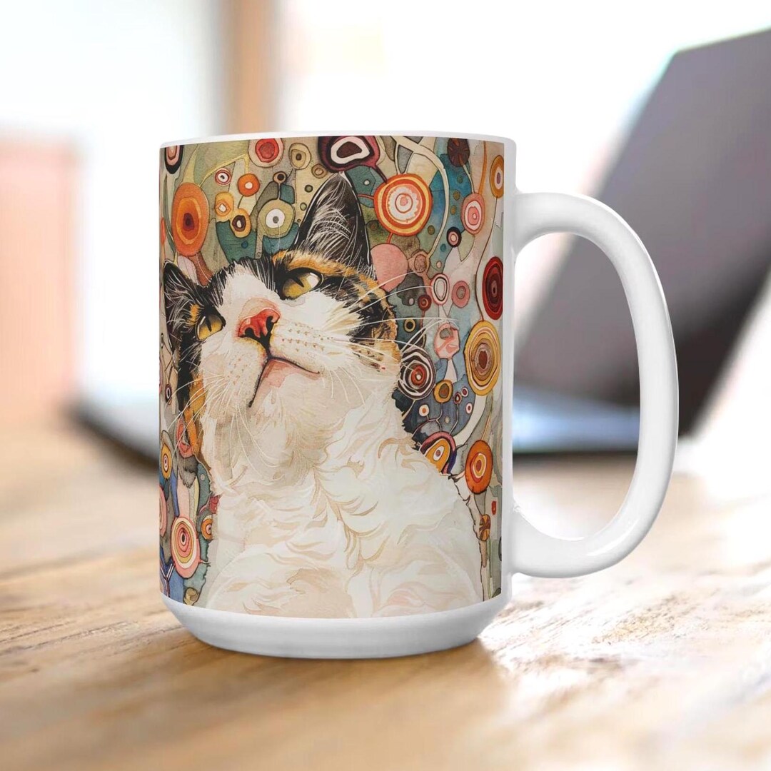 Klimt Calico Cat Mug, Large 15oz Coffee Tea Cup Earthtones, Cat Lovers ...