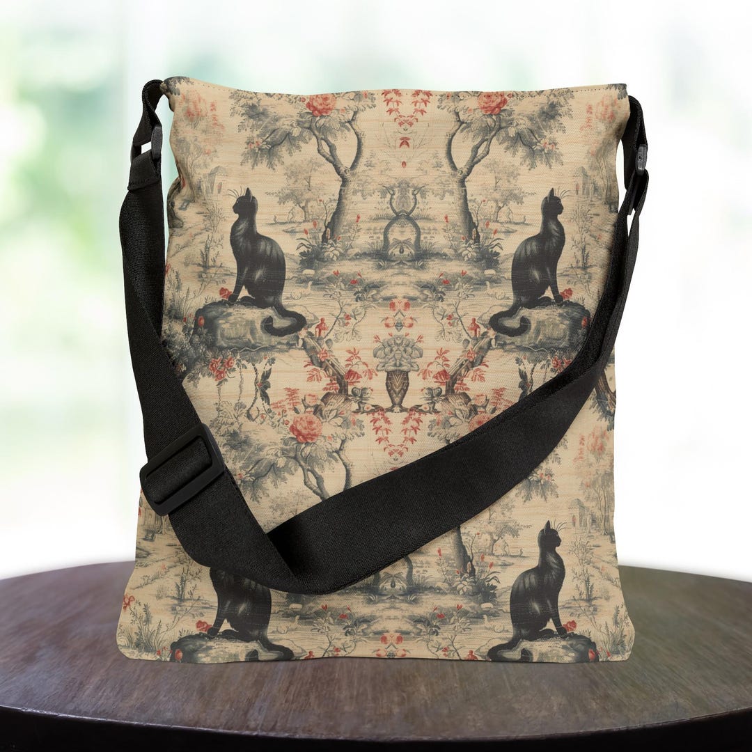 Adjustable Tote Bag, AOP All Over Print, Black Cat Toile Bag, Antique ...