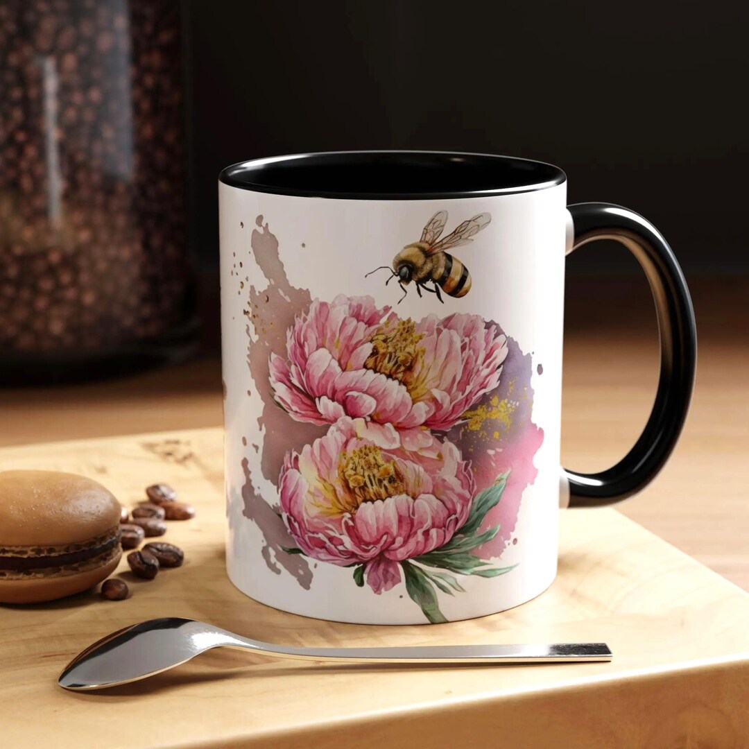 Floral Coffee Mug: Spring Pink Blooms and Bees Ceramic Cup - Etsy