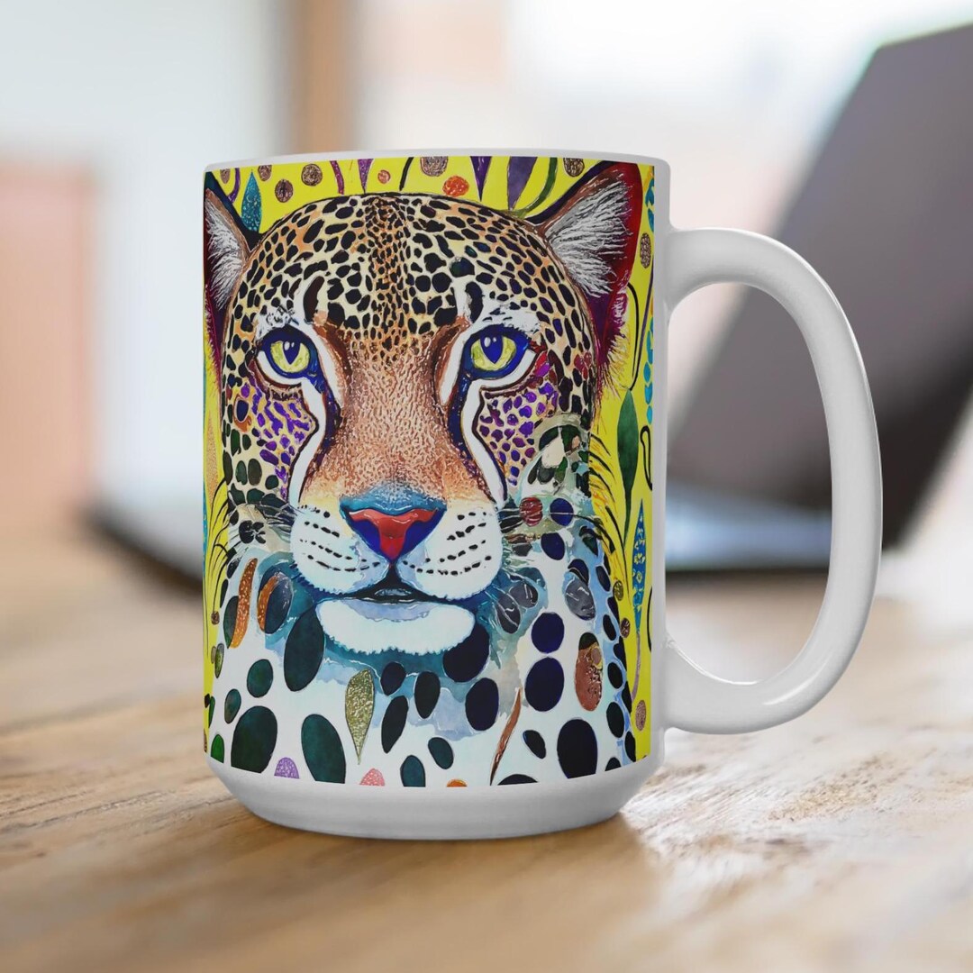 Leopard Print Ceramic Mug 15oz, Big Cat Lover Coffee Cup, Klimt Style ...