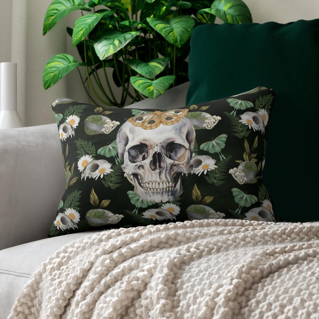 Skull and Night Moth Rectangular Pillow, Spun Polyester Lumbar Pillow ...