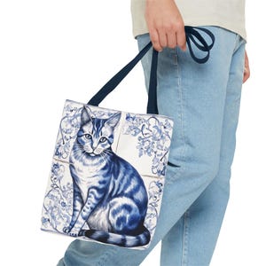 Blue and White Delft Style Inspired Cat Tote Bag AOP All Over Print ...