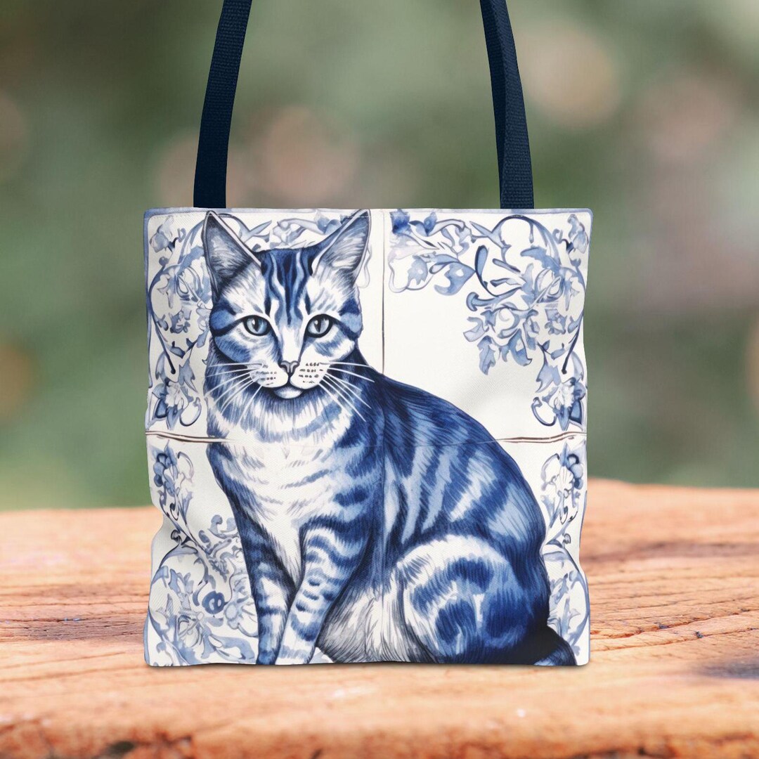 Blue and White Delft Style Inspired Cat Tote Bag AOP All Over Print ...