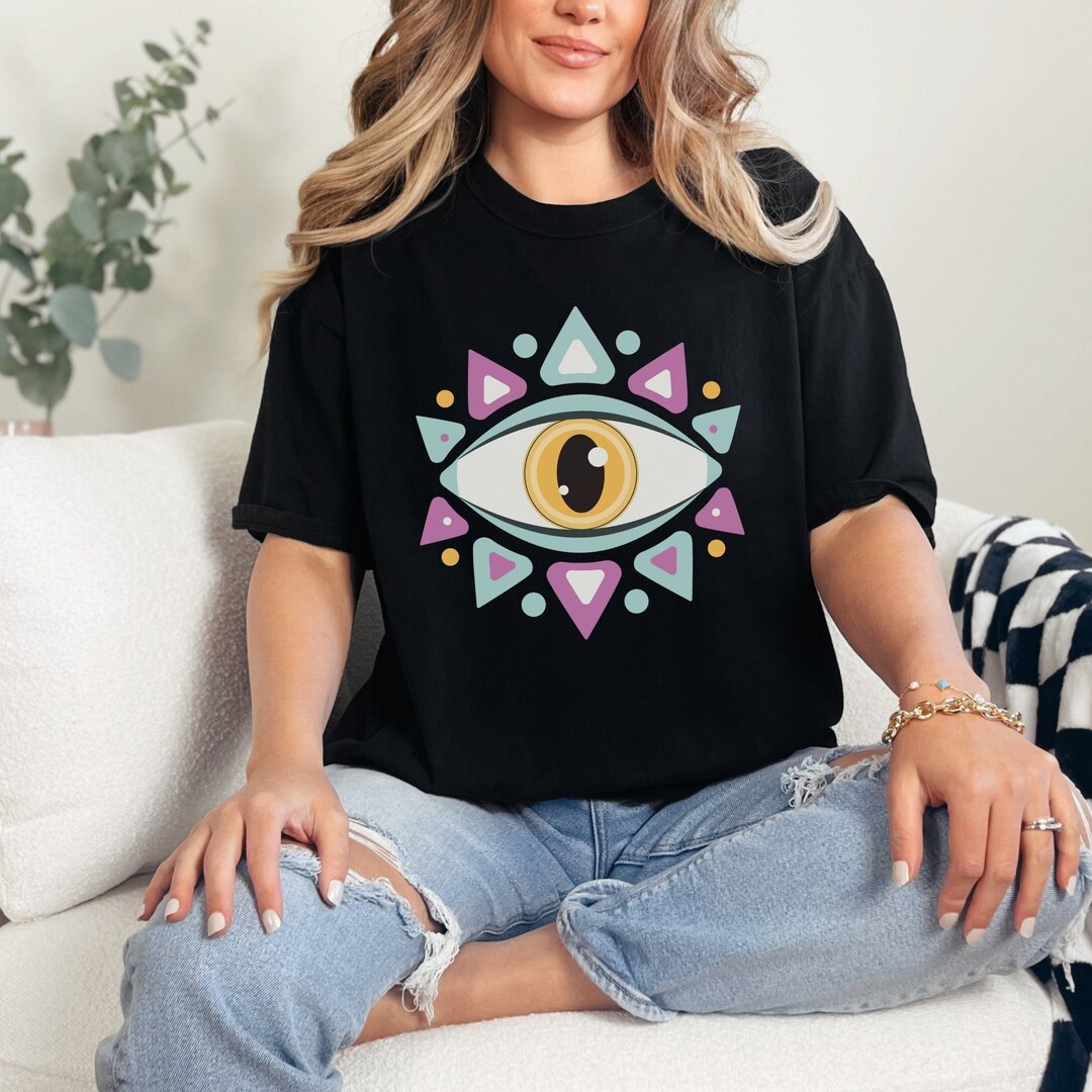 Retro Eye T Shirt, Unisex Garment-dyed T-shirt, Soft Aqua, Muted Purple ...