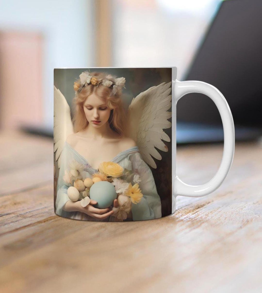 Angel Design Mug, Ethereal Coffee Cup, Floral Artwork, Gift for ...