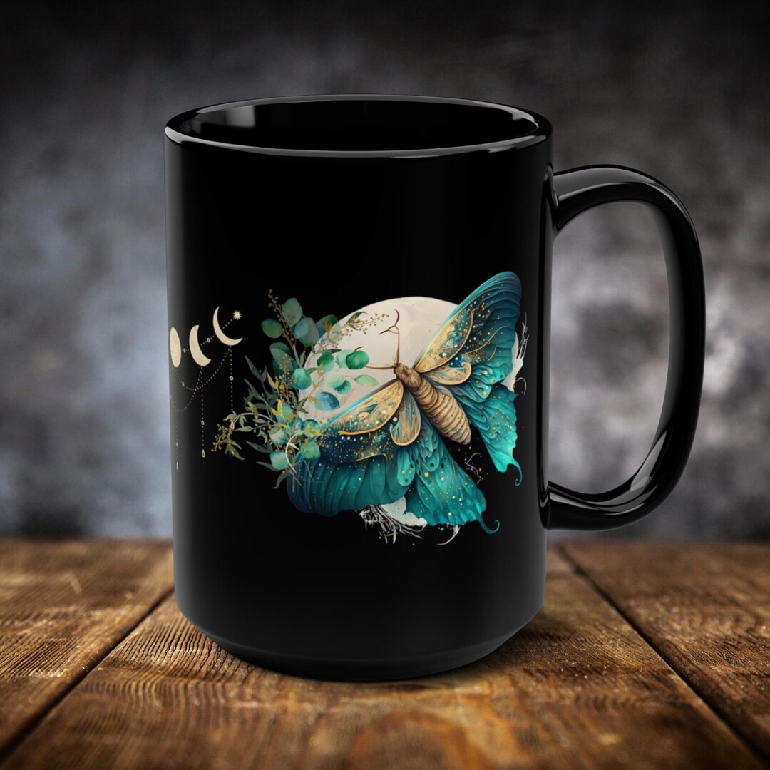 Moon Watcher Moth Mug, Turquoise Moth, Moon Phases, Witchy Aesthetic ...