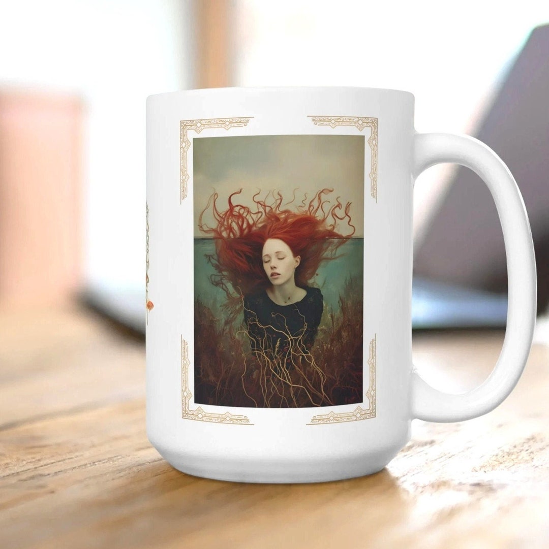 Red Haired Nymph Mug , Large Coffee Mug, Mystical Underwater Nymph ...