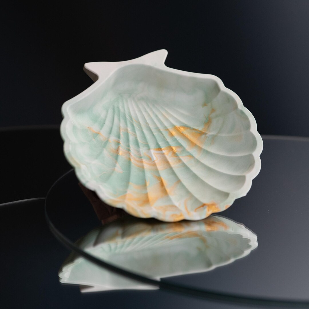 Green, White & Gold Clam Shell Trinket Tray - Etsy