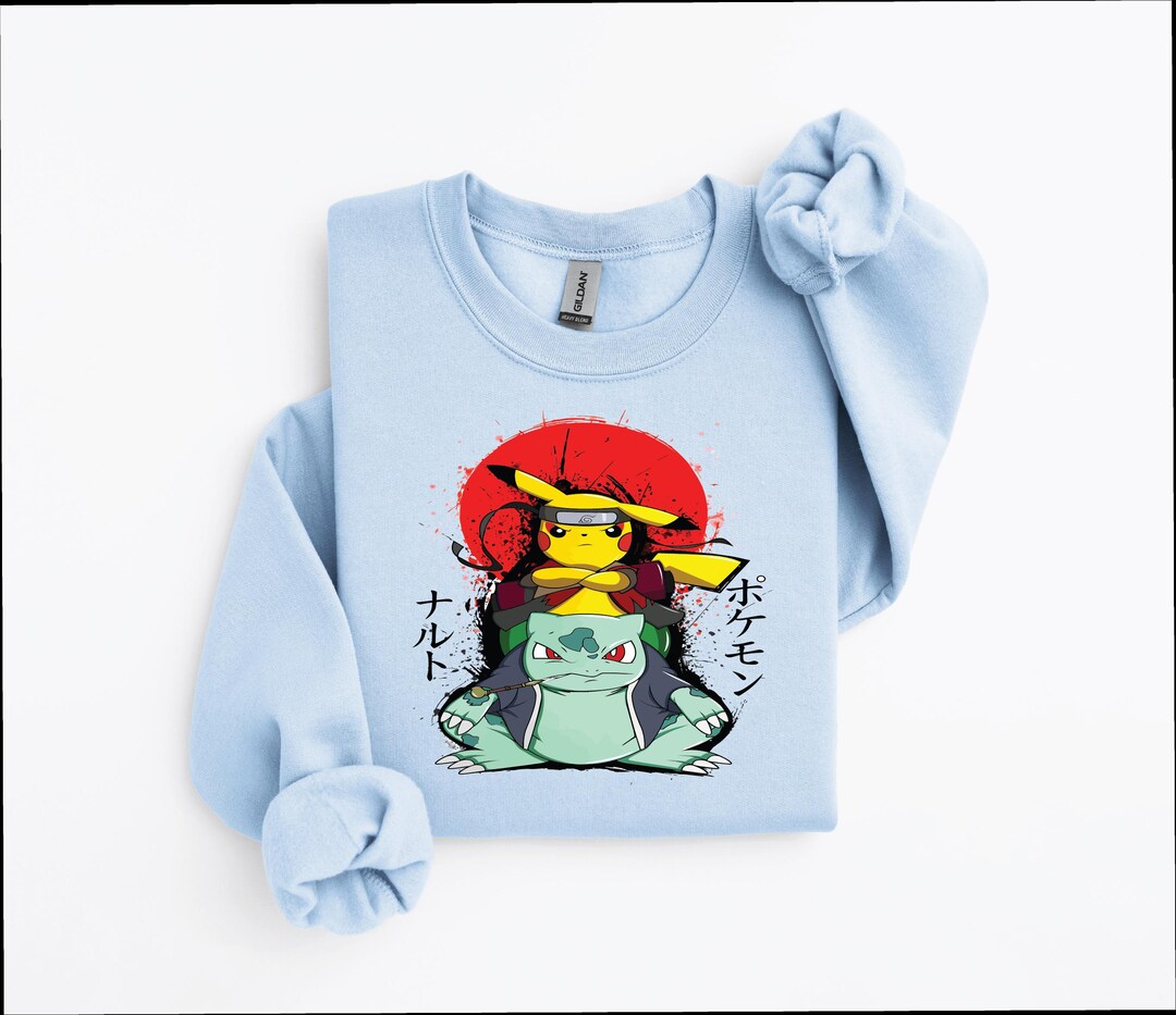 Naruto-inspired Pikachu Riding Bulbasaur Sweater Gildan 18500 Kids ...