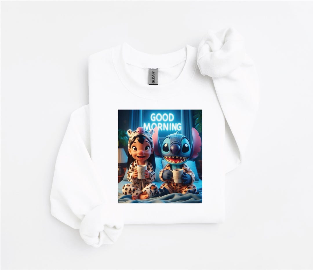Lilo & Stitch good Morning Sweater Cozy Coffee Bedtime Design Gildan ...