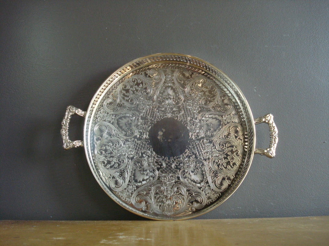 Vintage Silver Tray - Large Round Silverplate Platter or Serving Tray ...