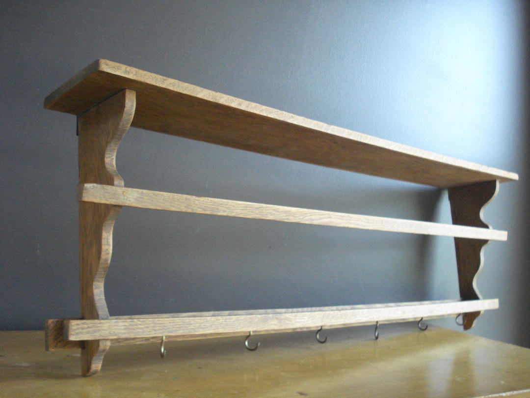 Oak Plate Rack With Hooks for Mugs - Vintage Wall Mount Wooden Plate ...