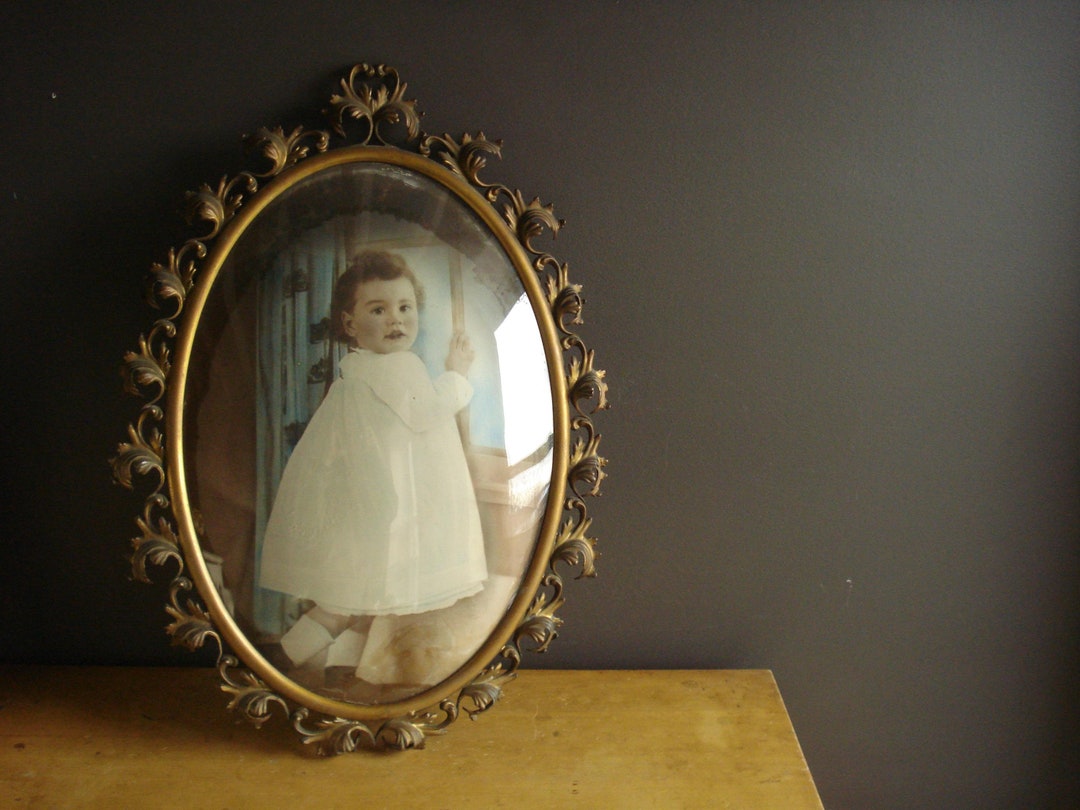 Huge Oval Frame With Convex Glass - Large Vintage Ornate Brass Oval ...