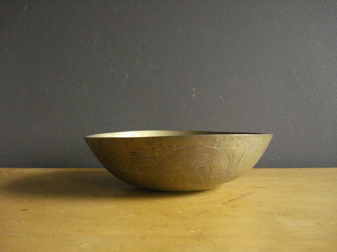 Very Worn Engraved Brass Bowl - Vintage Brass Shallow Bowl or Dish ...