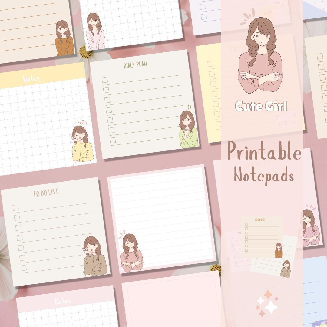 Cute Girl Printable Notepads | Digital Download Notepads | Sticky Notes ...