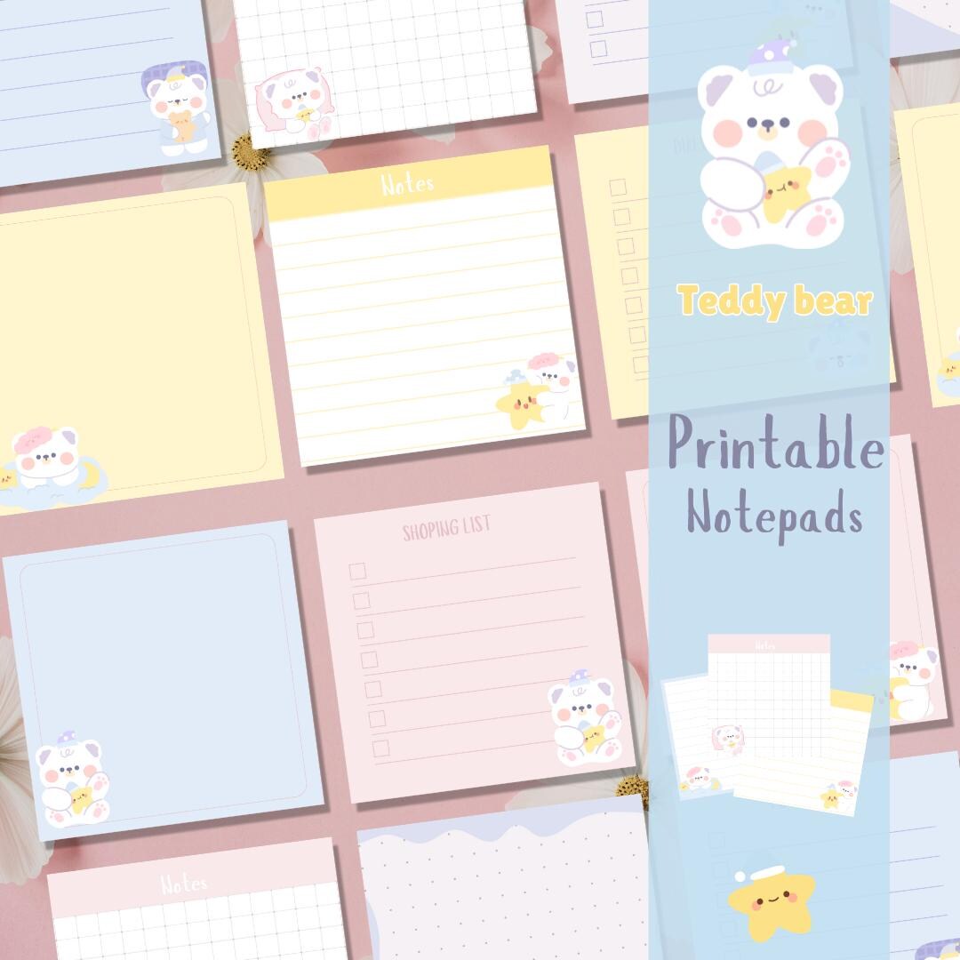 Cute Teddy Bear Printable Notepads | Digital Download Notepads | Sticky ...