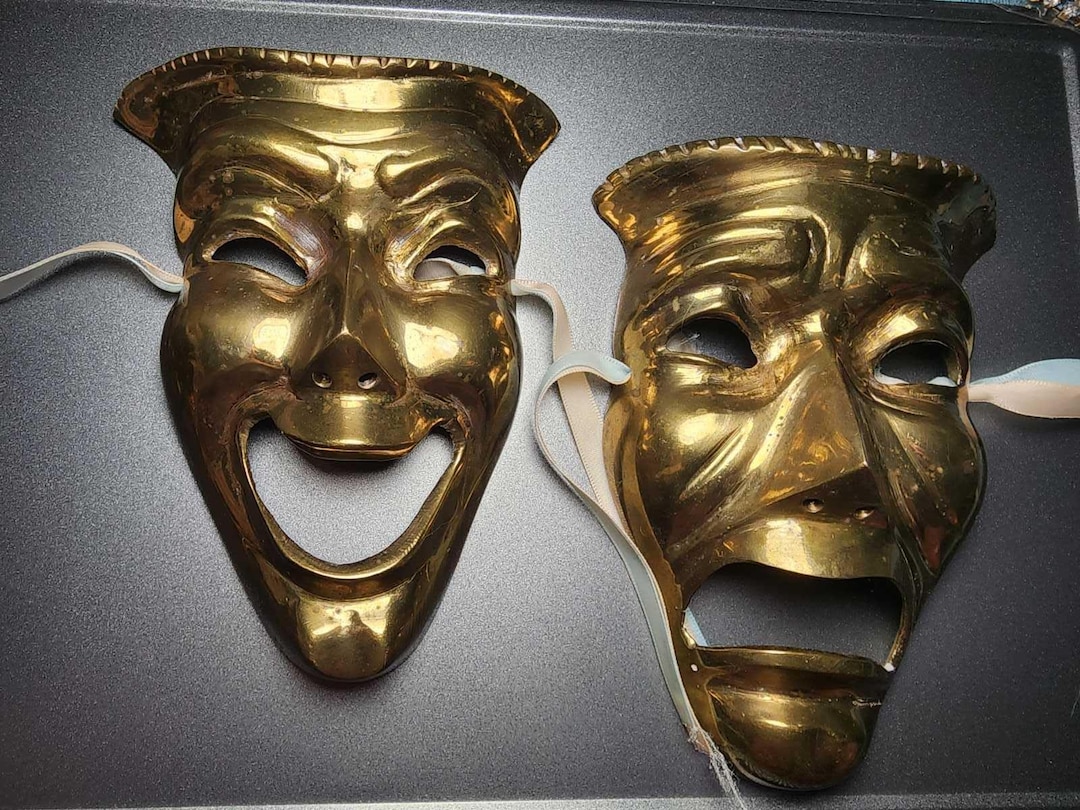 Gold Comedy and Tragedy Mask Set – Vintage Theater Wall Decor, Drama ...
