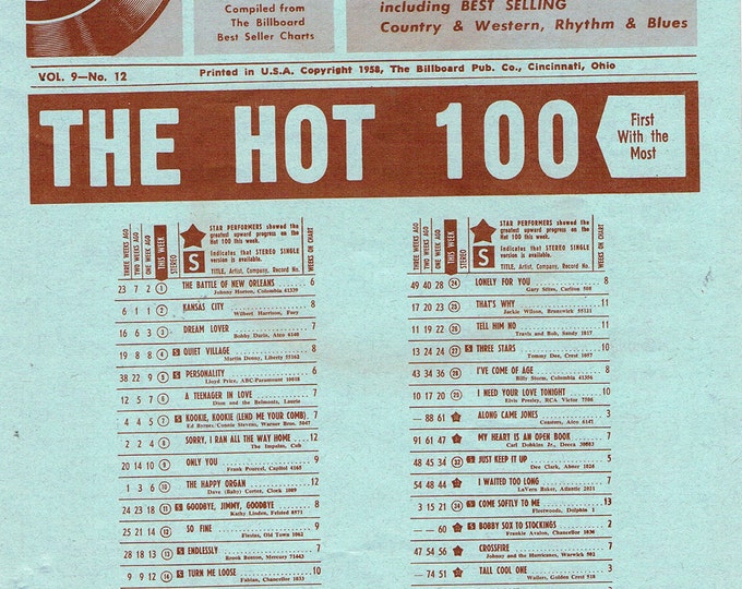 Original BILLBOARD TOP 100 for June, 1959, the Hot 100 Songs - Etsy