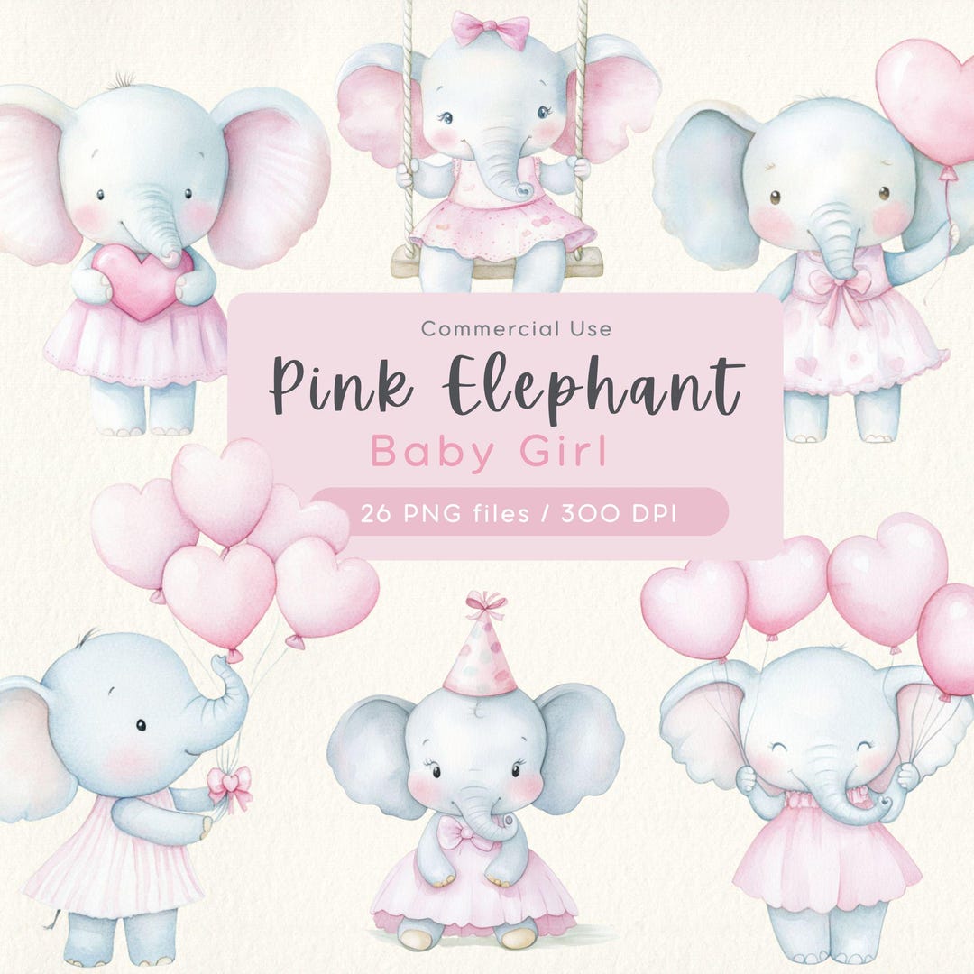 Baby Elephant & Balloon Clipart, Baby Girl Elephant, Balloon Elephant ...