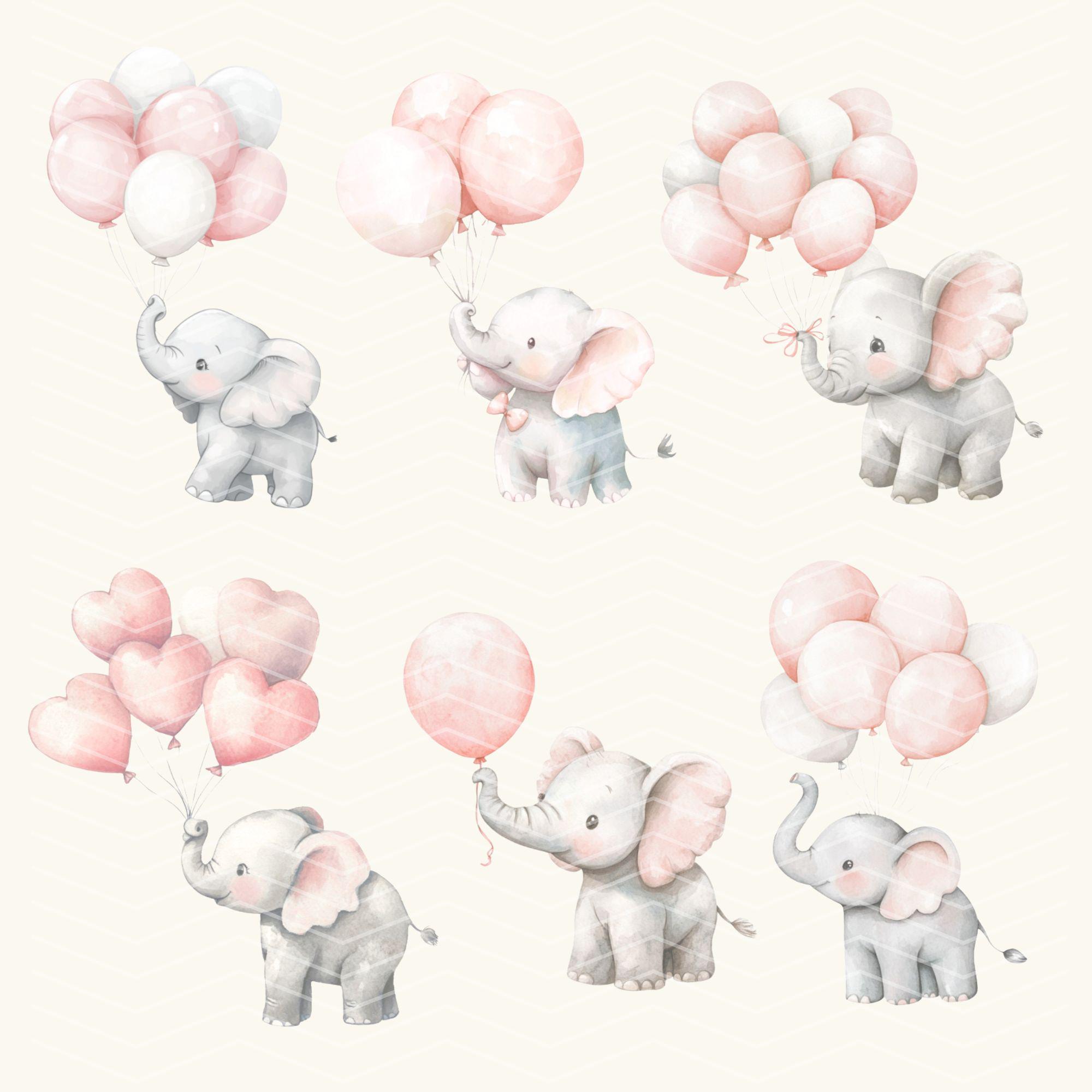Baby Elephant Balloons Clipart, Watercolor Baby Elephant Clipart, Pink ...