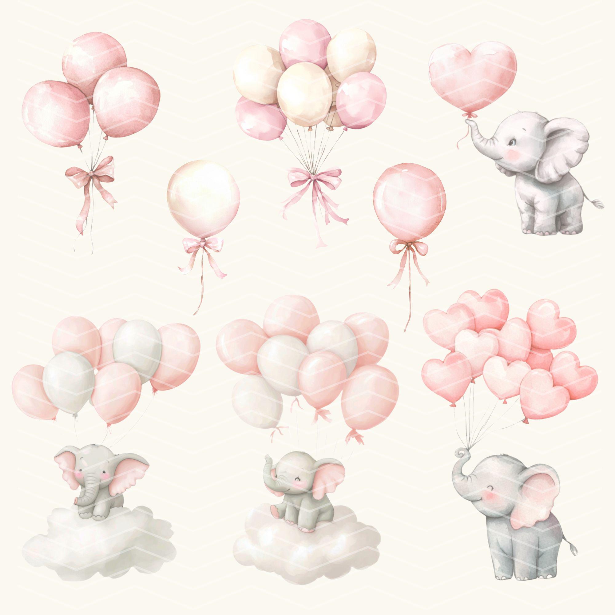 Baby Elephant Balloons Clipart, Watercolor Baby Elephant Clipart, Pink ...