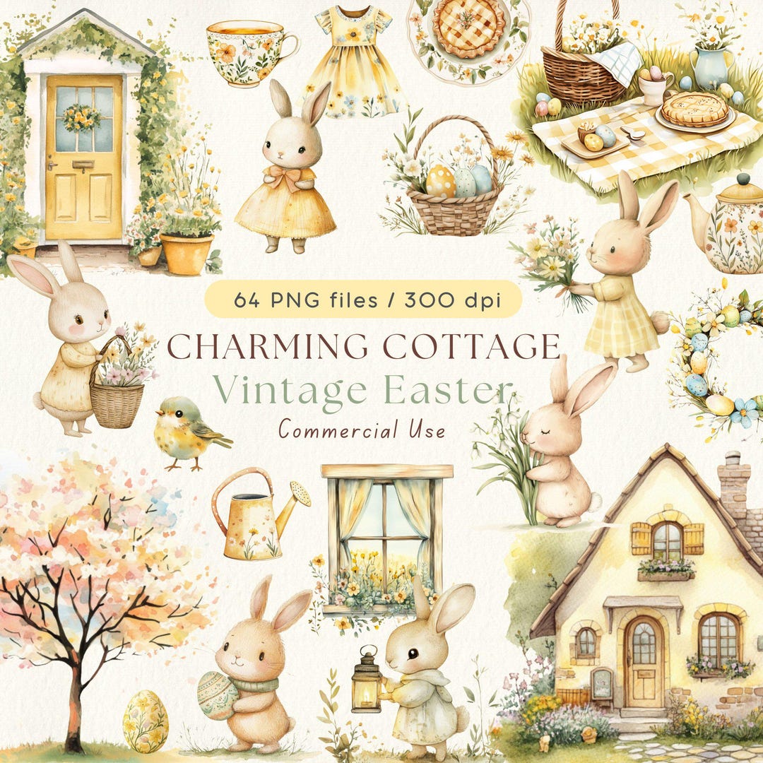Spring Cottage Easter Clipart, Country Easter Clipart, Easter Bunny ...