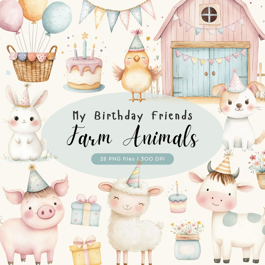 Birthday Farm Animals Clipart, Farm Theme Birthday Clipart, Farm ...