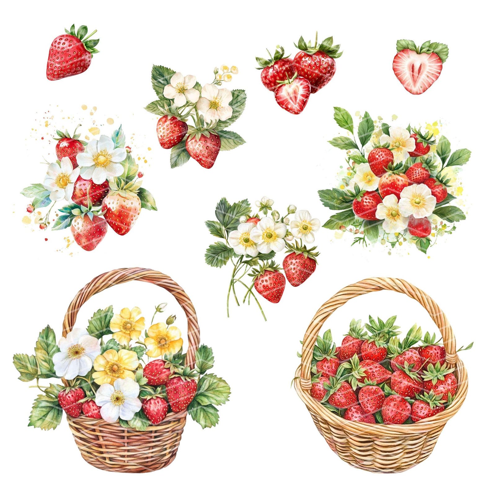 Strawberries Bundle, Cottage Core Strawberry, Strawberry Watercolor ...