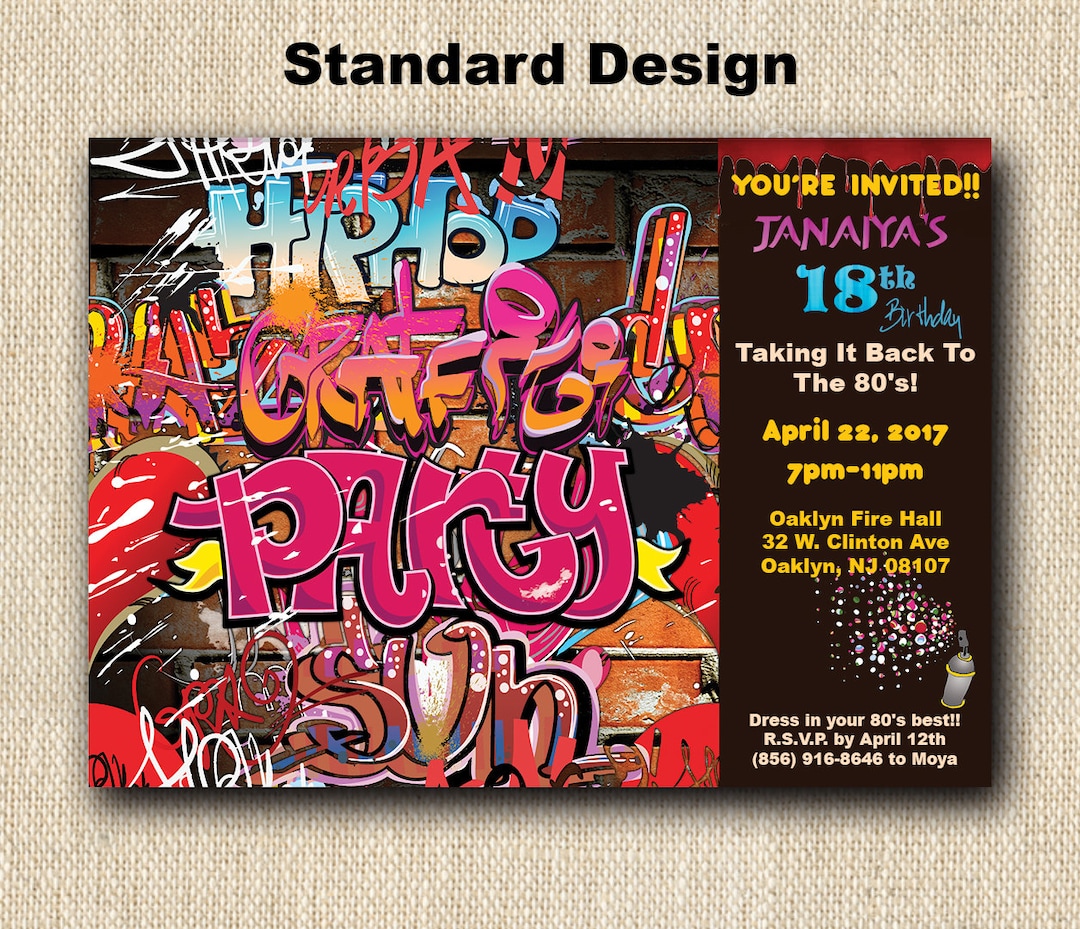 Printed GRAFFITI THEMED Party Invitation tagging Paint Splatter Hip Hop ...