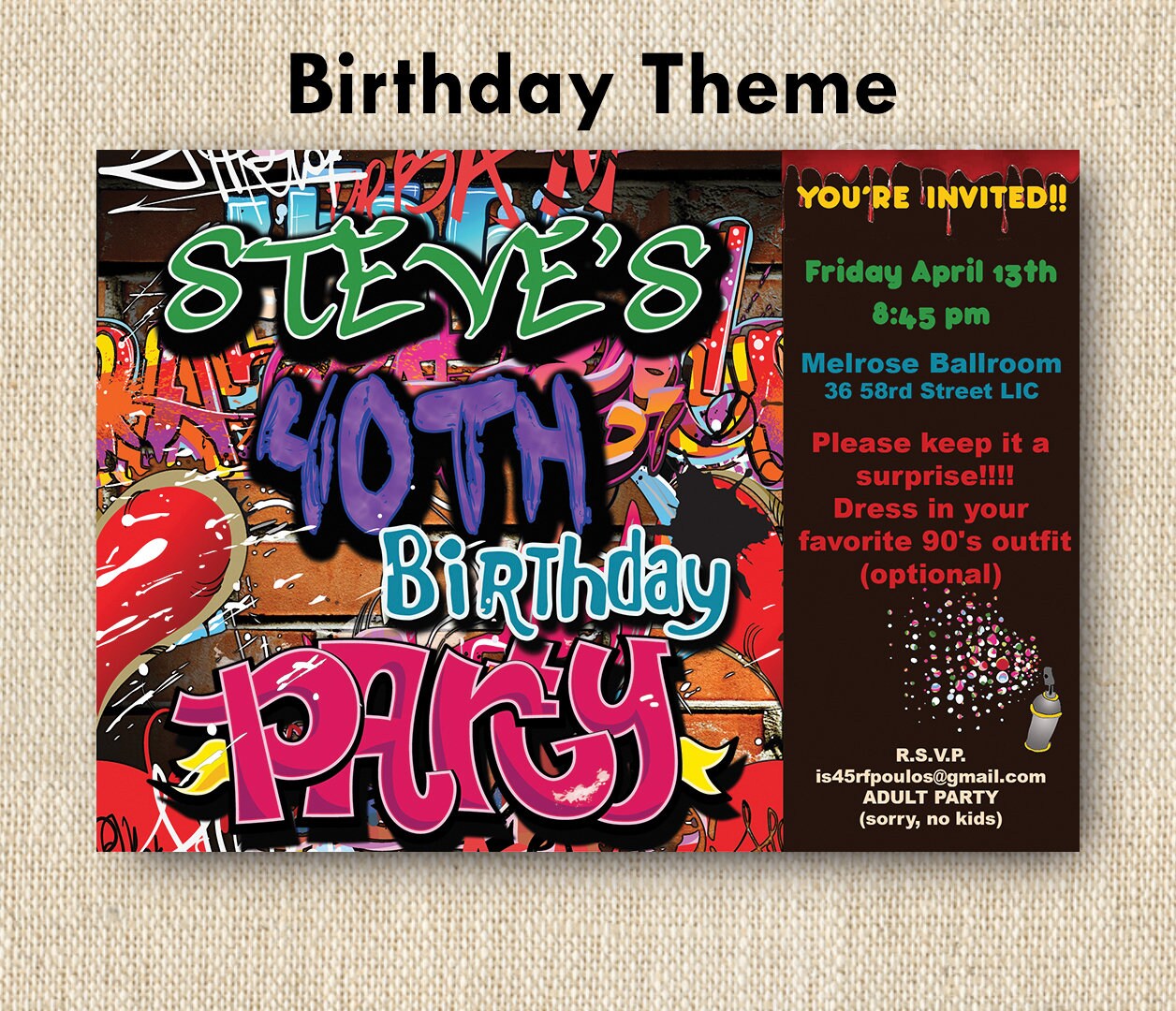 Printed GRAFFITI THEMED Party Invitation tagging Paint Splatter Hip Hop ...