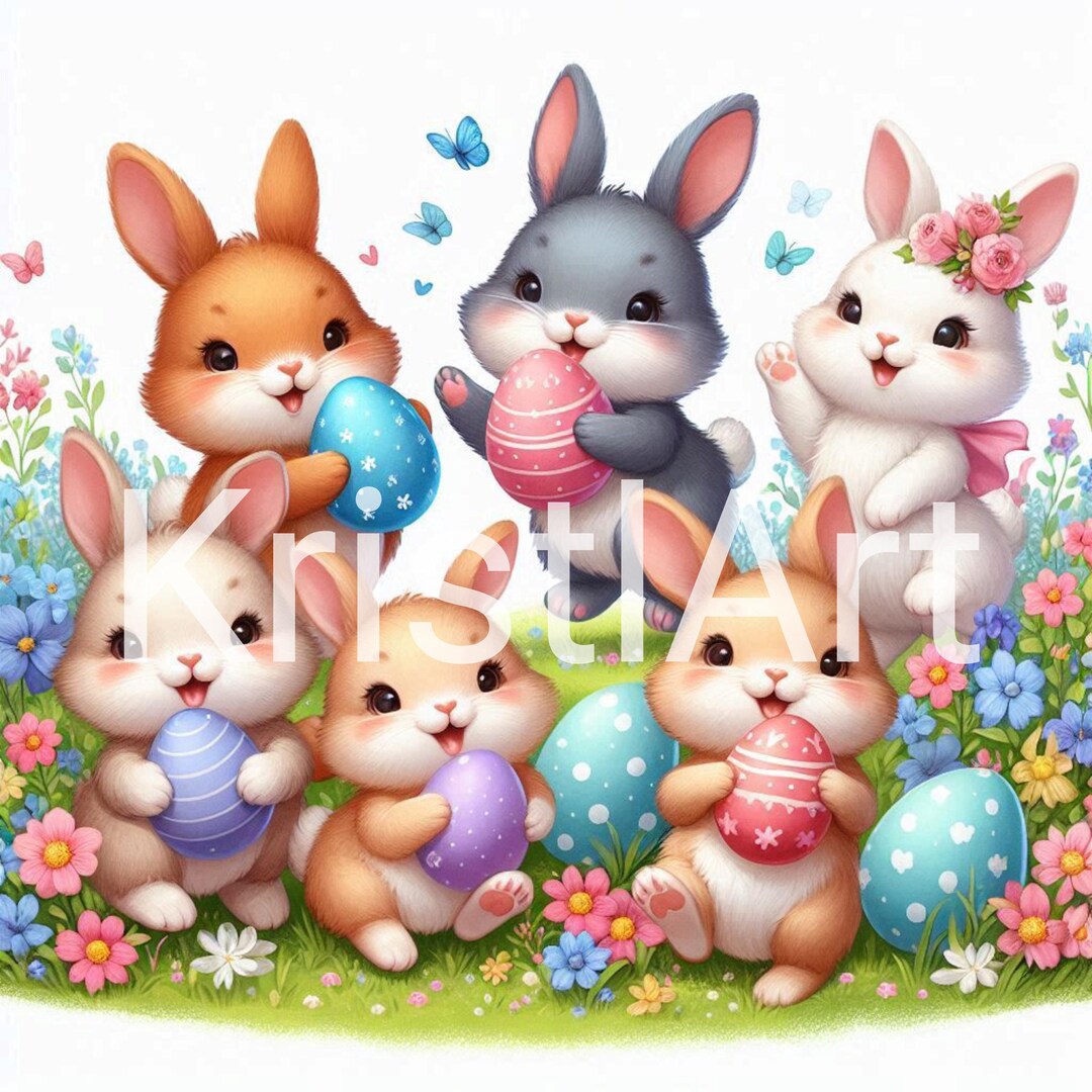 Easter Clipart, Digital Download, Bunnies With Colored Eggs - Etsy