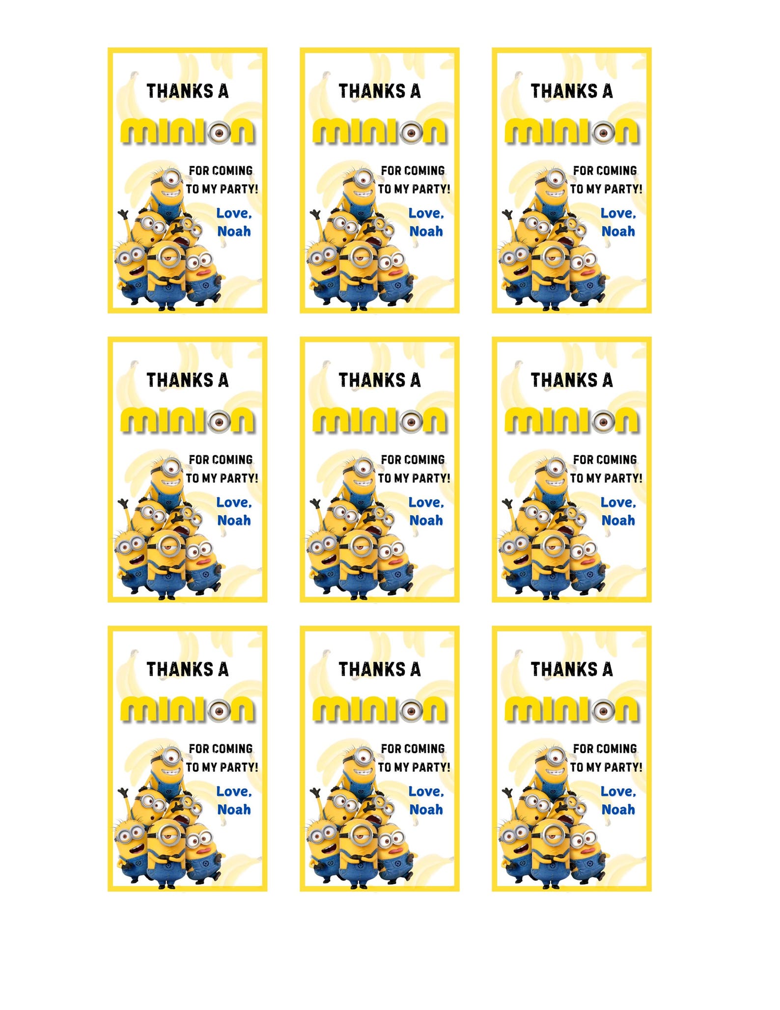 Editable Minions Birthday Thank You Tags, Instant Download, Custom Gift ...