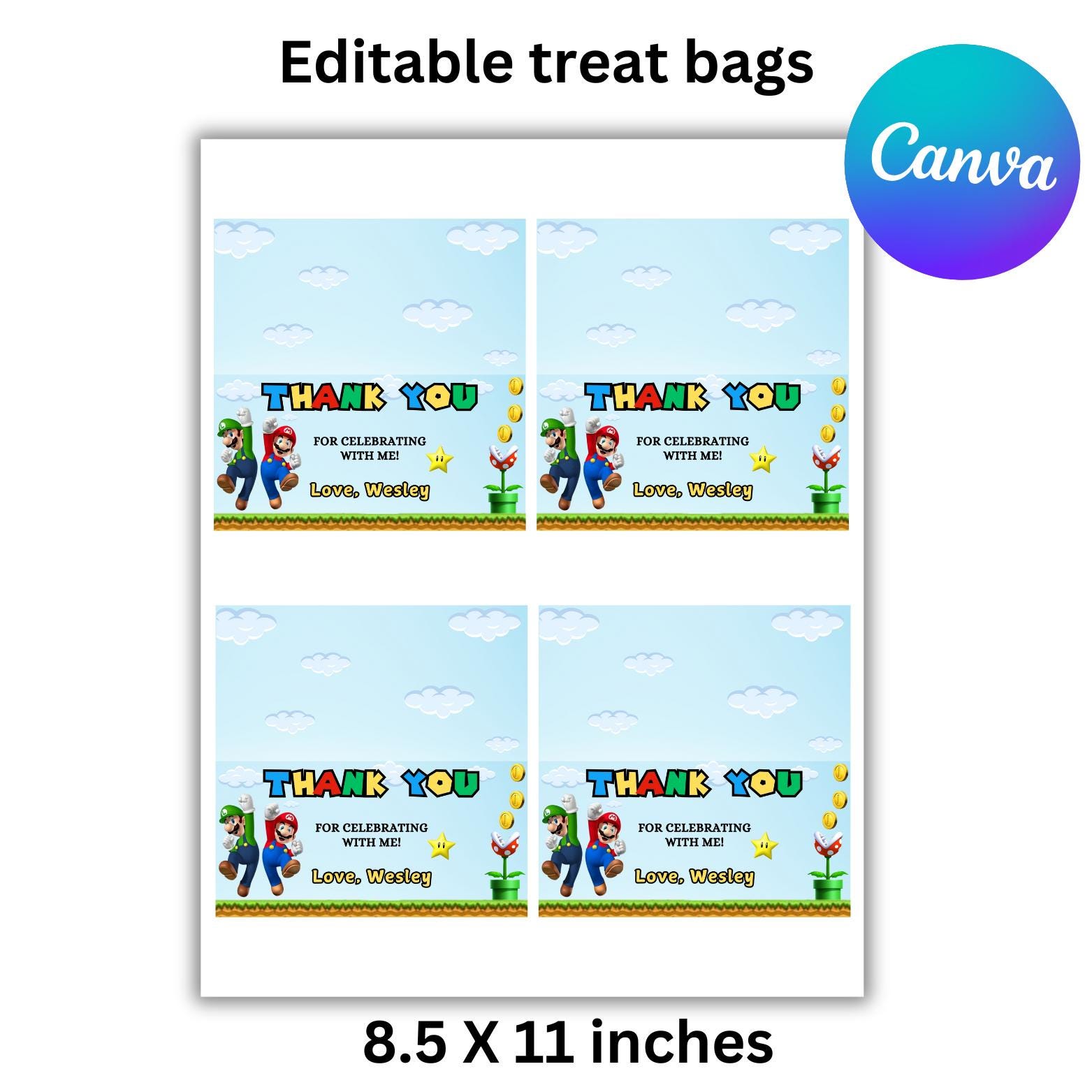 Editable Mario Bros Birthday Treat Bags, Instant Download, Custom Gift ...
