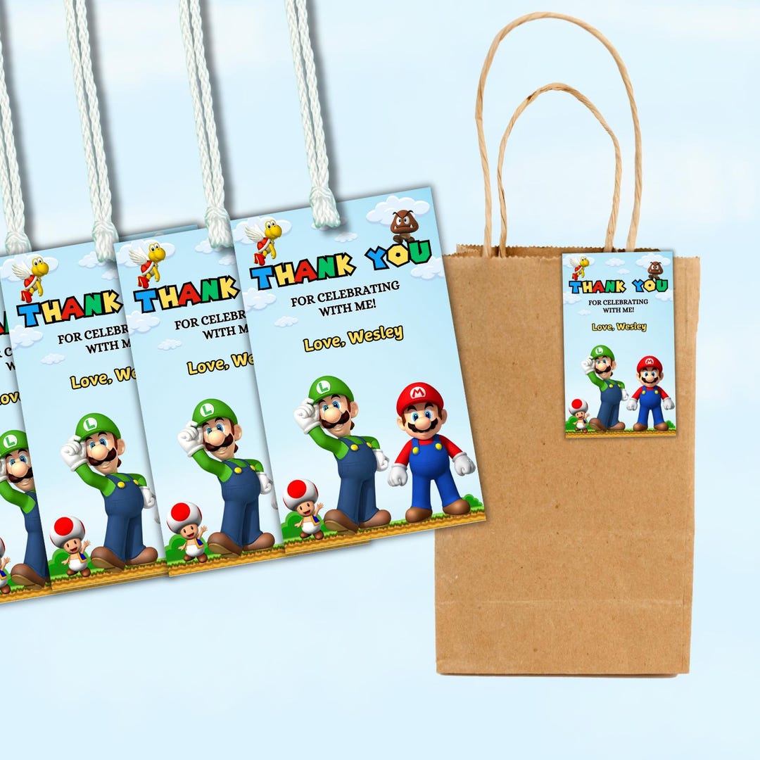 Editable Mario Bros Birthday Thank You Tags, Instant Download, Custom ...