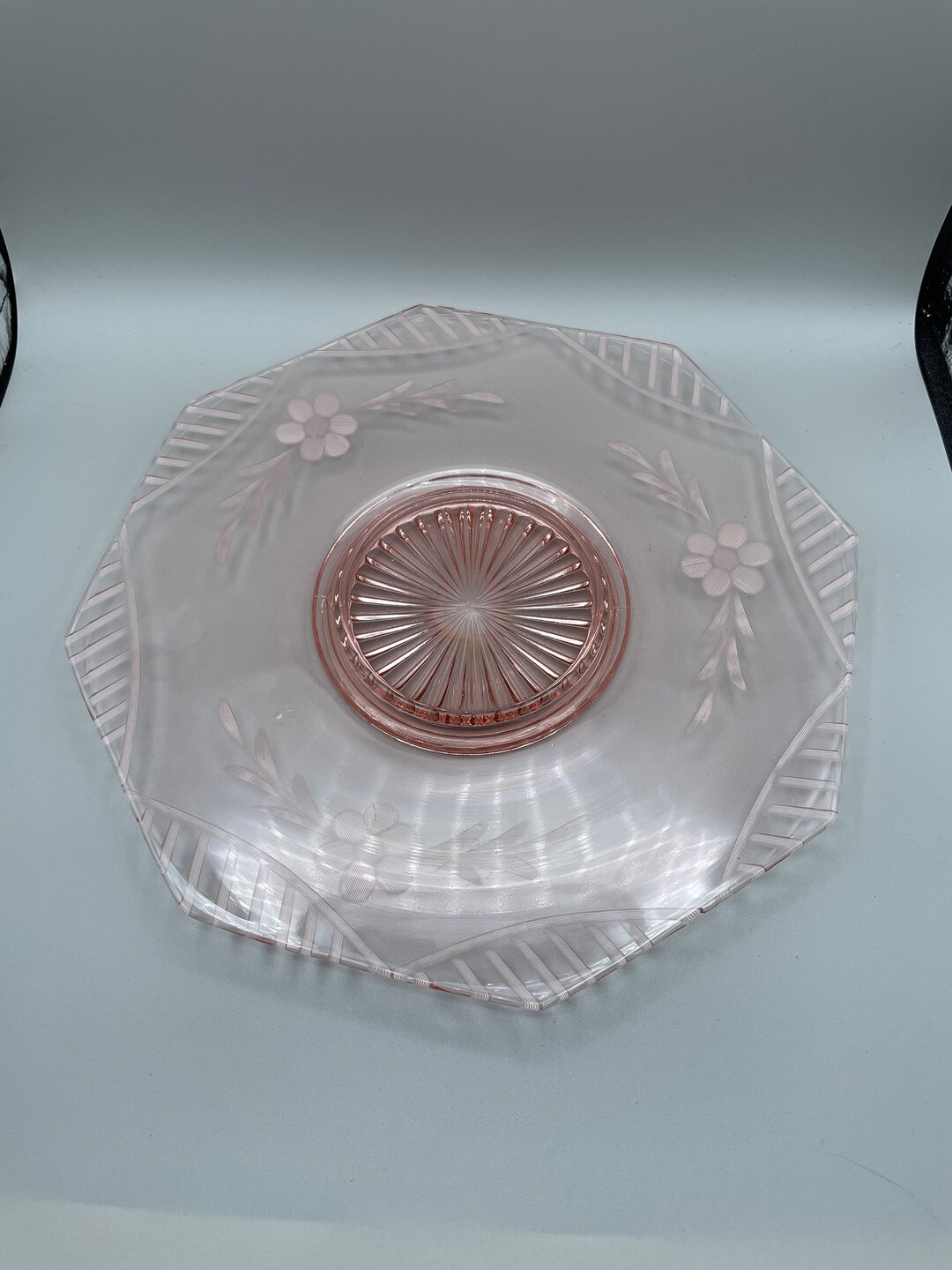Depression Era Pink Glass Octagon Pedestal Plate With Etched Flowers - Etsy