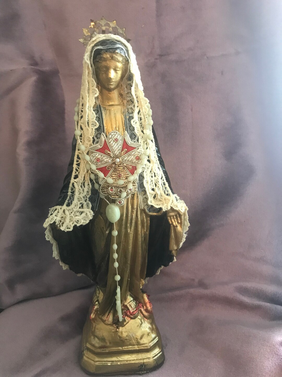 Virgin Mary Devotional Art Statue 2nd Hand Revival Concrete Gold Black ...