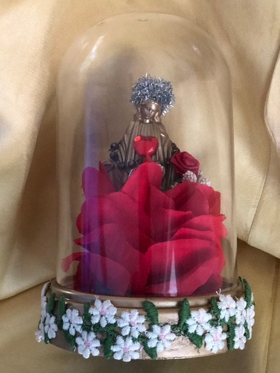 Virgin Mary Red Rose Devotional Art Statue Under Dome Gold - Etsy