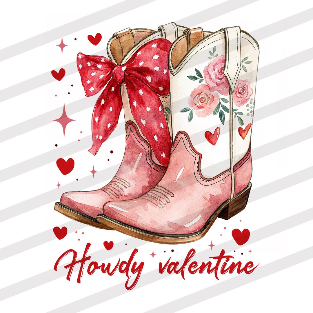 Howdy Western Valentine PNG | Pink Cowgirl Boots Bow Design Sublimation ...