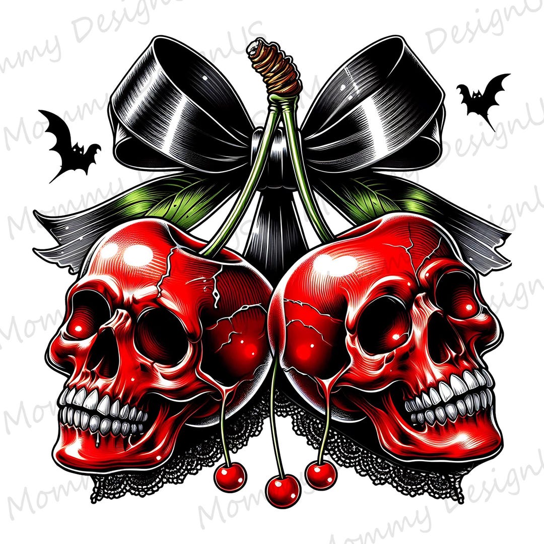 Trendy Skull Cherry PNG | Funny Gothic Cherries Bow Design Digital ...