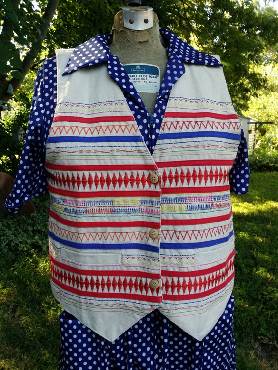 Womens Vest, 80s Vest, Boho Vest, Vintage Vest, Strip… - Gem