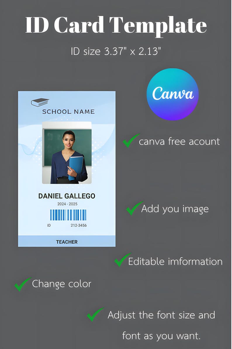 Editable Teacher ID Card Template | School ID Badge | Printable ...