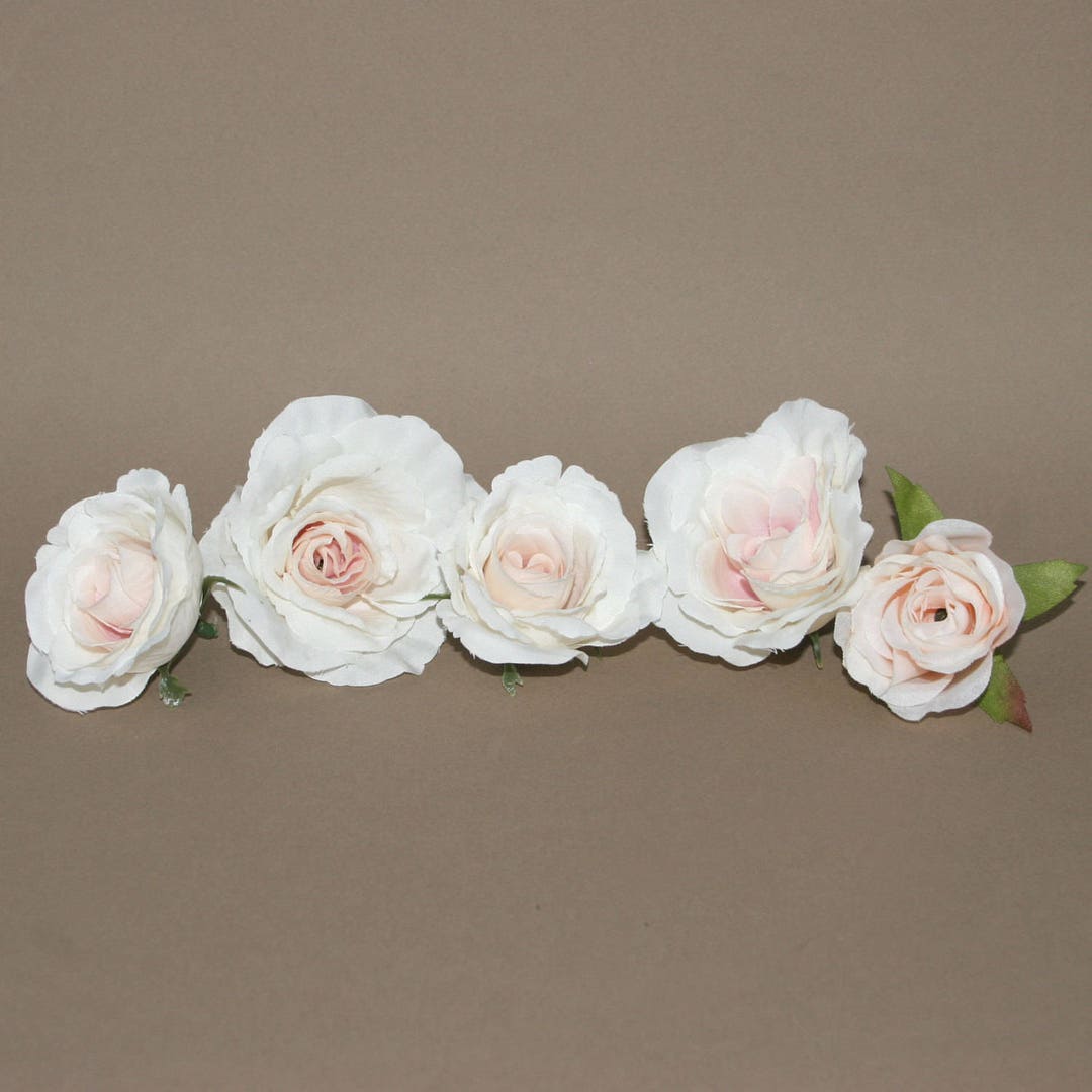 5 Cream Blush Pink Garden Roses Artificial Flowers, Silk Flower Heads ...