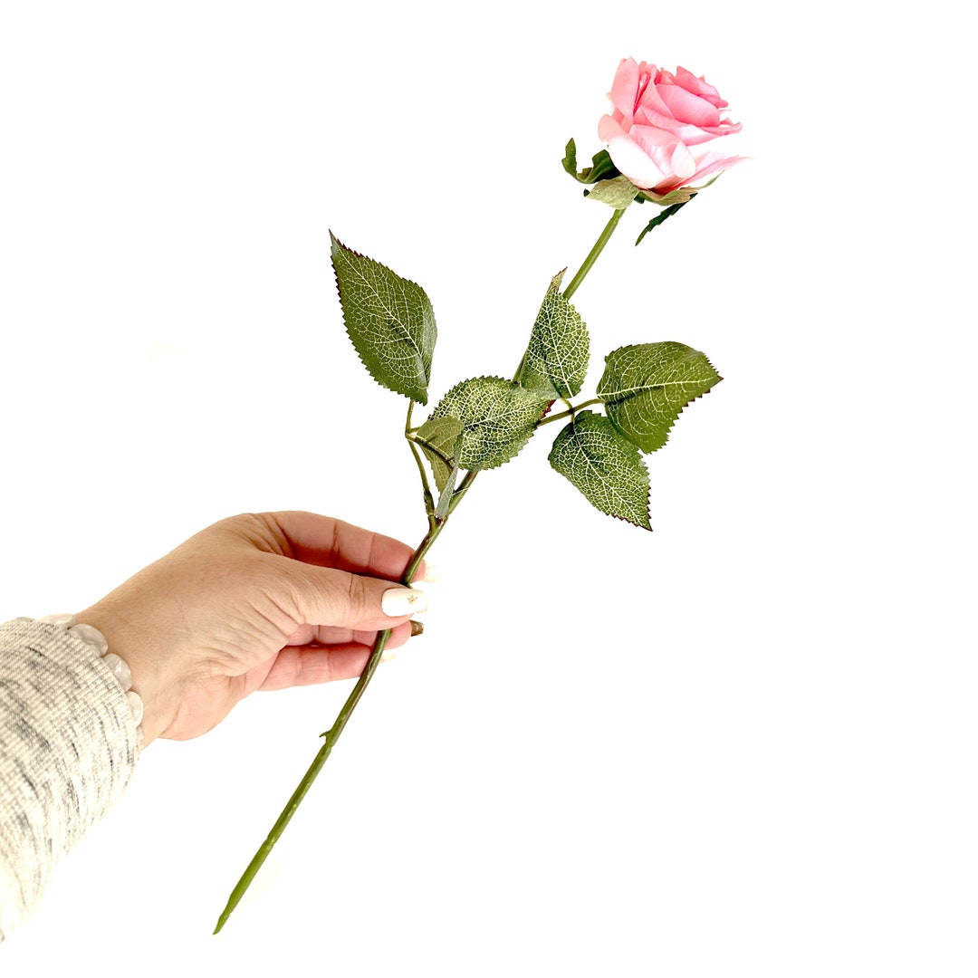 Real Touch Pink Full Stem Garden Rose - Artificial Flowers, Silk Flower ...