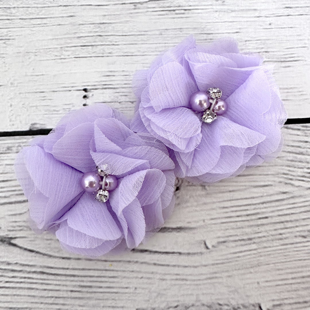 2 EMBELLISHED Chiffon Fabric Flowers in LAVENDER - With Elastic Back ...