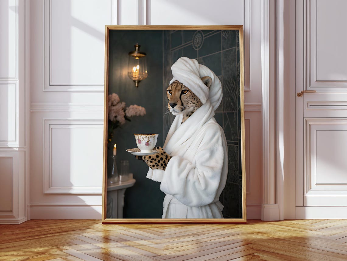 Moody Dark Leopard Wall Art Maximalist Preppy Tiger Print With Teacup ...