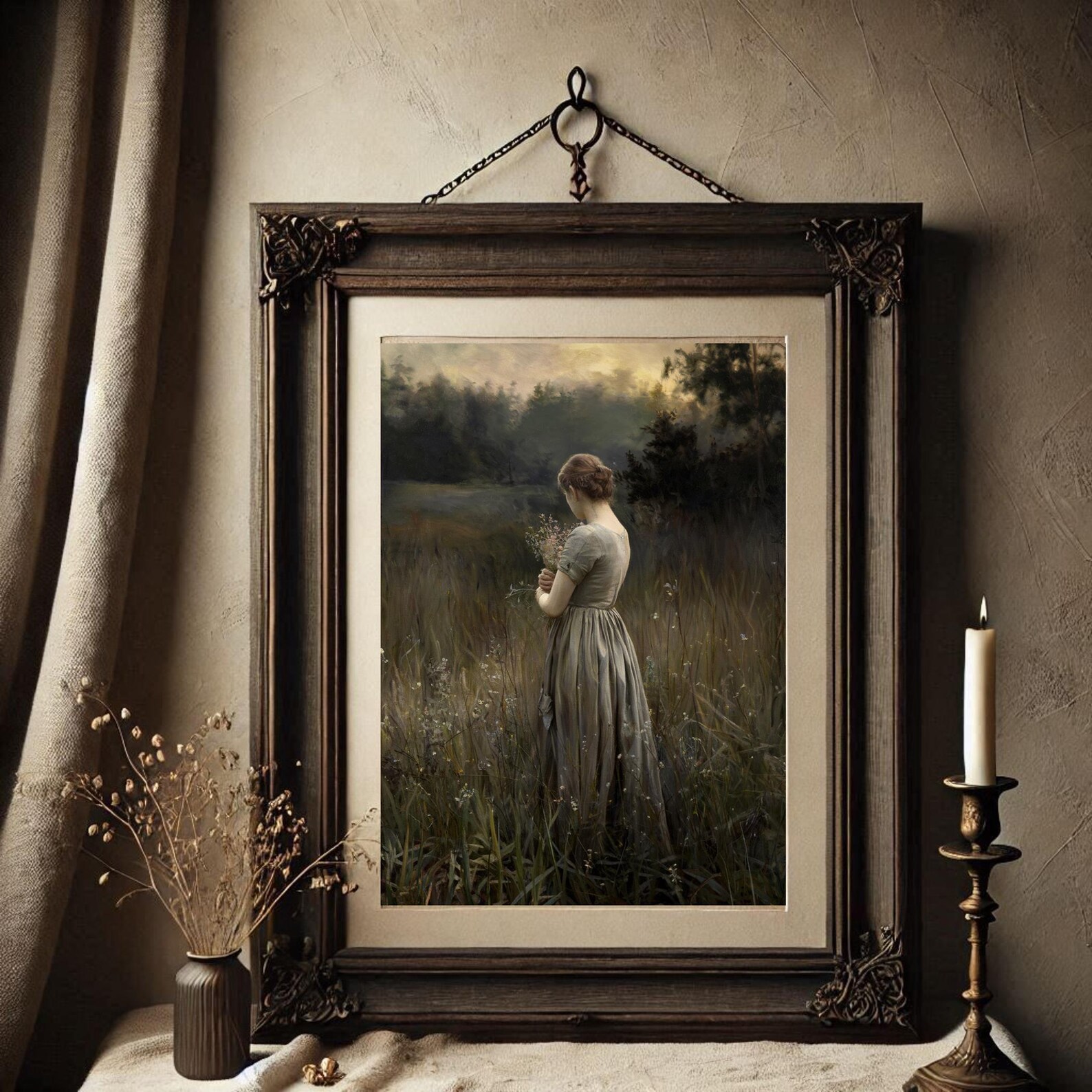 Printable Dark Moody Lady Collecting Wildflower Oil Painting - Vintage ...