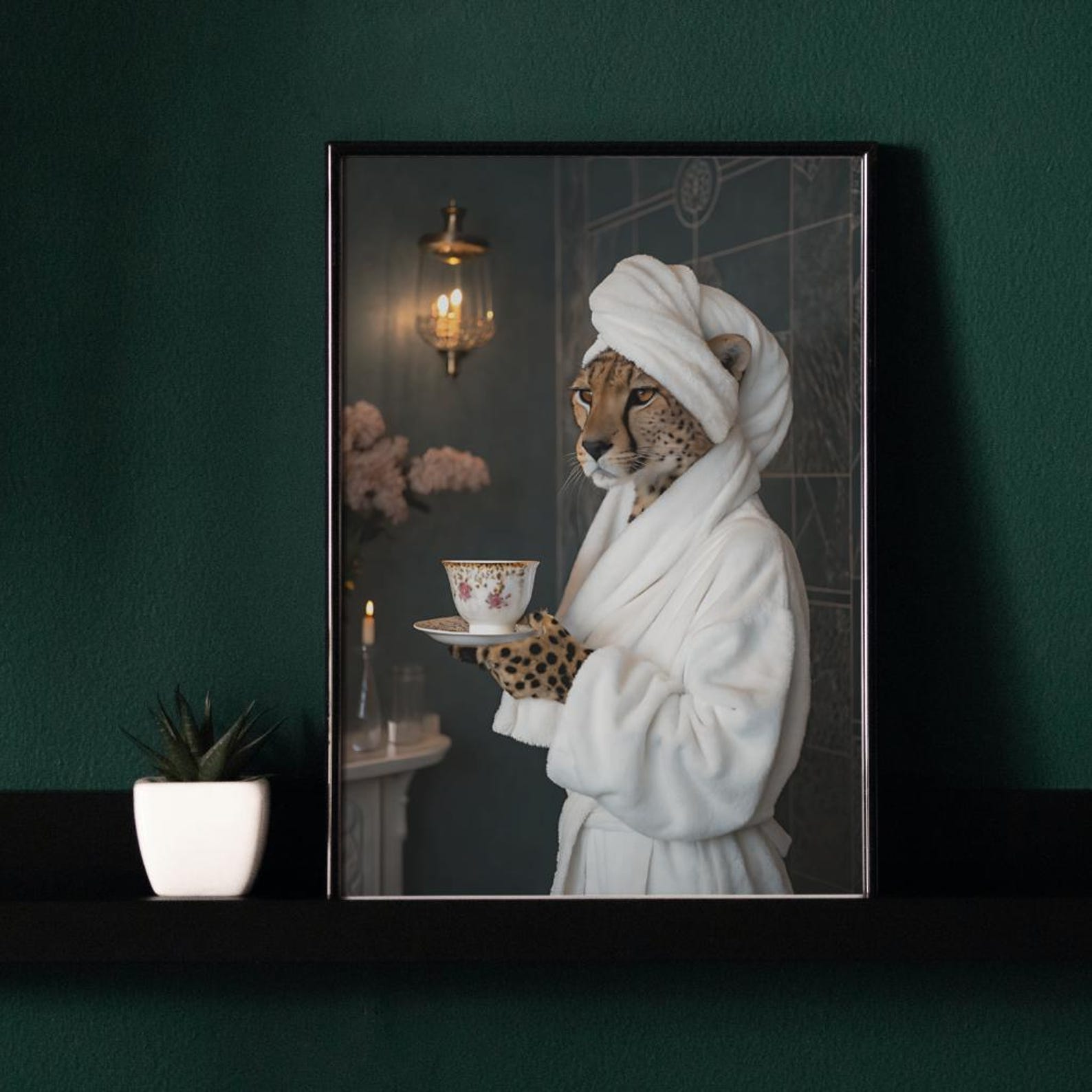 Moody Dark Leopard Wall Art Maximalist Preppy Tiger Print With Teacup ...