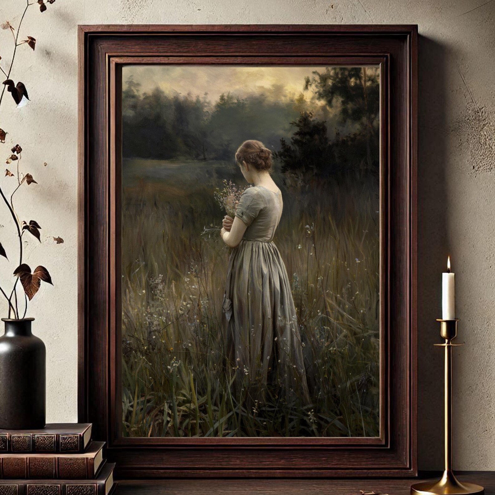 Printable Dark Moody Lady Collecting Wildflower Oil Painting - Vintage ...