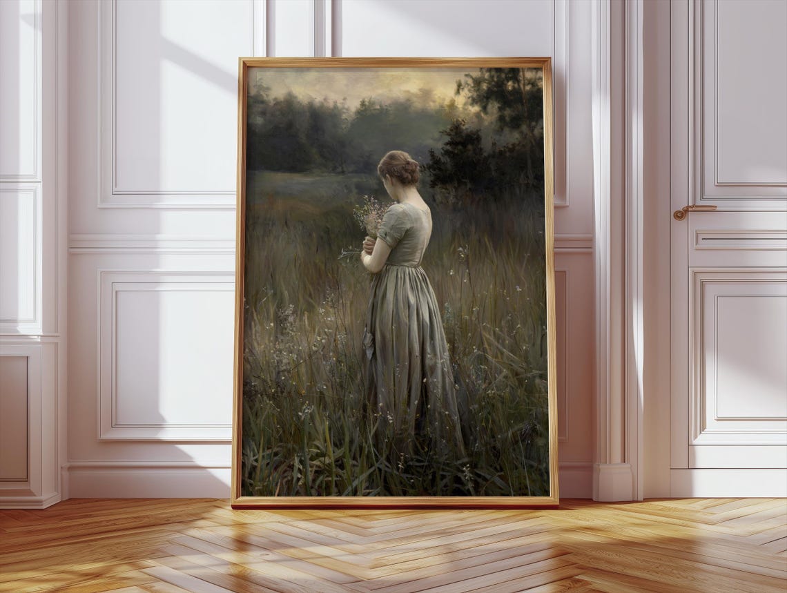 Printable Dark Moody Lady Collecting Wildflower Oil Painting - Vintage ...